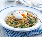 Wholewheat spaghetti with kale pesto, ricotta and poached egg | Tesco ...